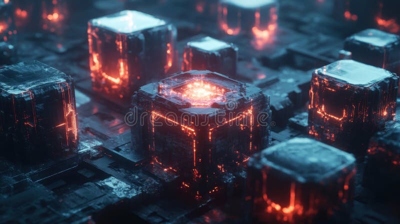 Futuristic Glowing Cubes Generating Energy on a Motherboard Stock Image ...