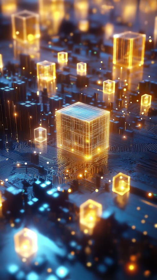 Futuristic Glowing Cubic Chips Interconnected by Network of Entangled ...