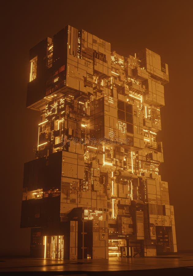 Futuristic Glowing Cyberpunk Cube Architecture with Neon Lights Stock ...