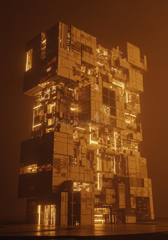 Futuristic Glowing Cyberpunk Cube Architecture with Neon Lights Stock ...
