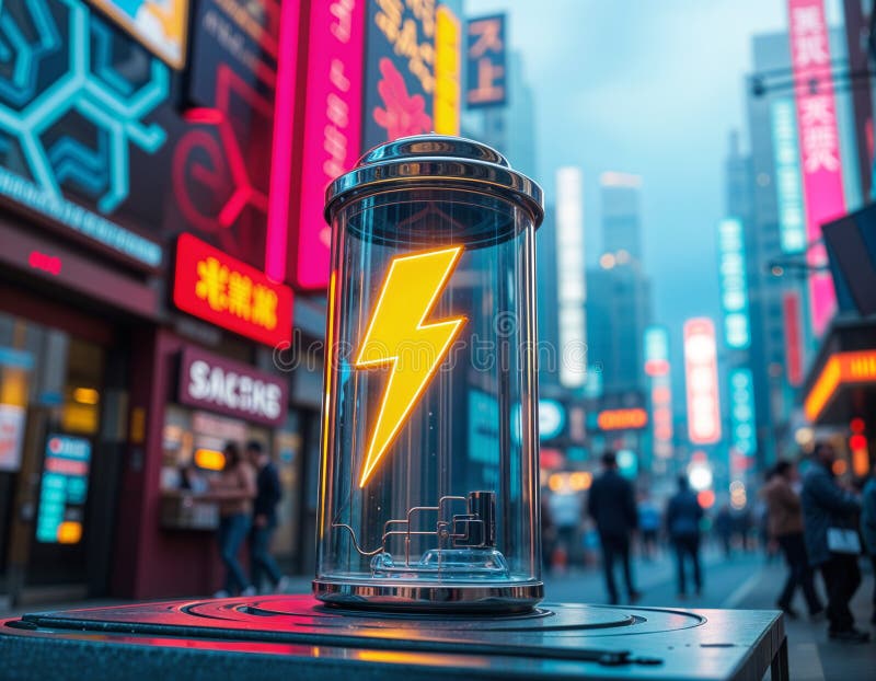 Futuristic Glowing Battery Icon on Circuit Board Background Stock ...