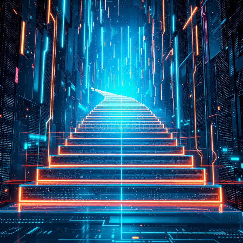 Futuristic Glowing Data Stream Staircase Leading To Digital Horizon ...