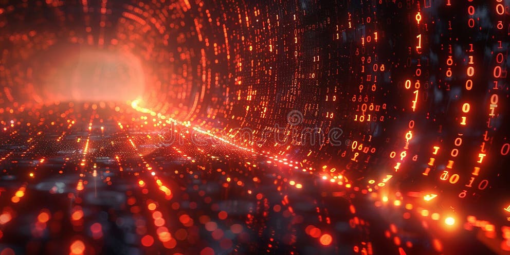 Futuristic Glowing Data Tunnel with Red Binary Code and Digital Light Particles Representing ...