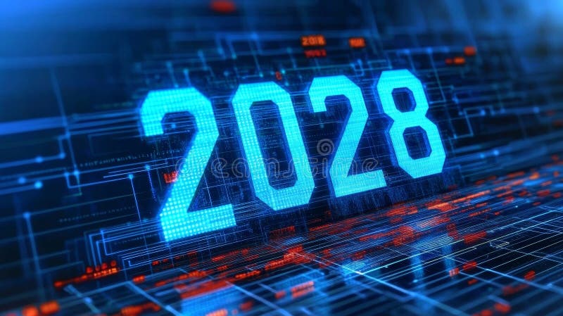 Futuristic Glowing Digital Big 2028 Number on Digital Abstract Cyber ...