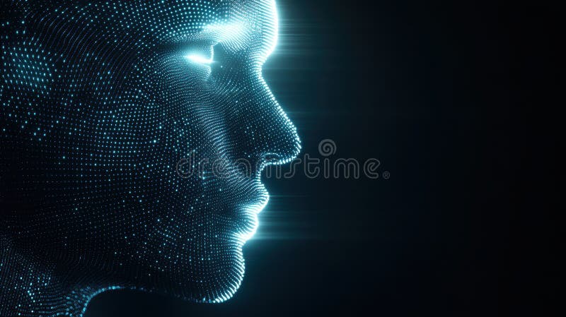 Futuristic Glowing Digital Face Composed of Particles and Light Stock ...
