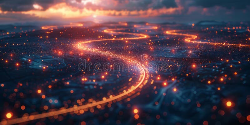 Futuristic Glowing Digital Landscape with Flowing Light Trails and ...