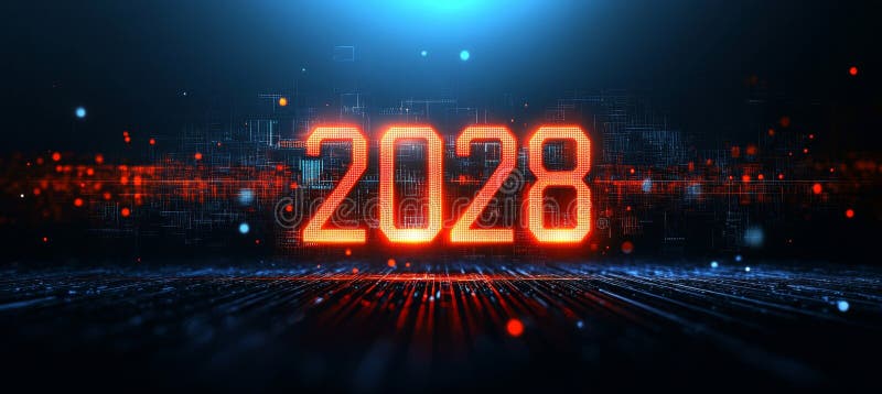 Futuristic Glowing Digital Number 2028 on Blue Technology Background ...