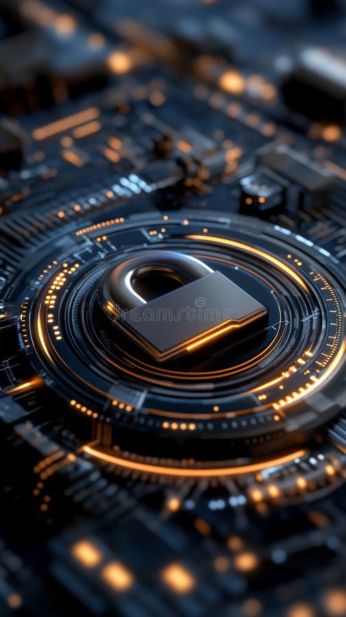 Futuristic Glowing Digital Padlock and Shield Symbol within a ...