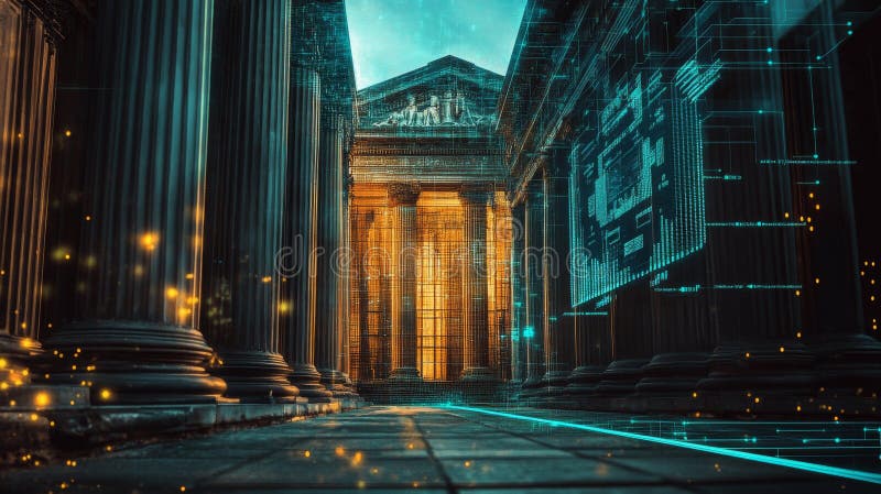 Futuristic Glowing Digital Structure with Classical Columns Stock Photo ...