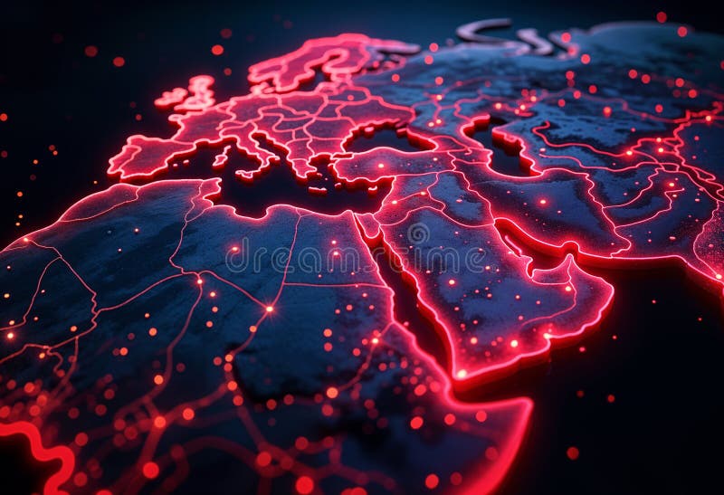 Futuristic Glowing Digital World Map with Neon Light Network Connections Stock Illustration ...