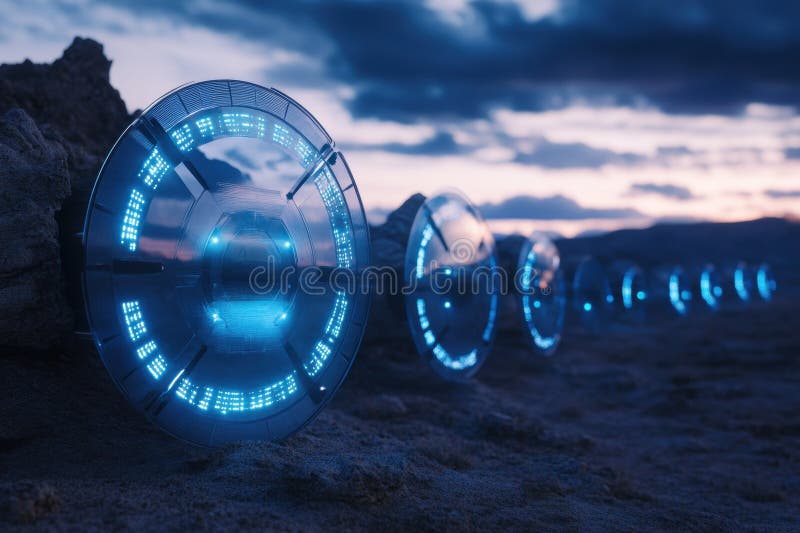 Futuristic Glowing Discs Line a Rocky Terrain at Sunset in a Desolate ...