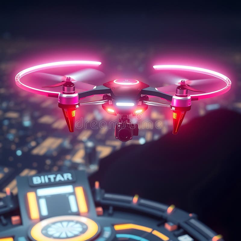 A Futuristic Glowing Drone Hovering Above a High Tech Platform Stock ...
