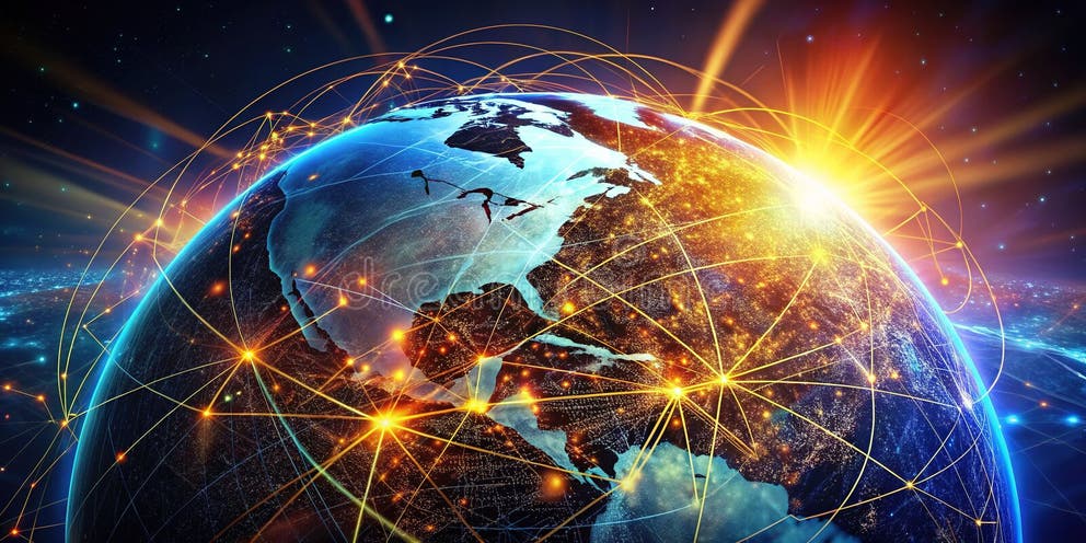 A Futuristic Glowing Earth Visualizing the Global Communication Network ...