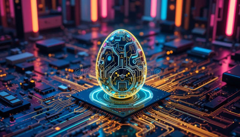 Futuristic Glowing Egg on a Circuit Board in Neon Light Stock ...