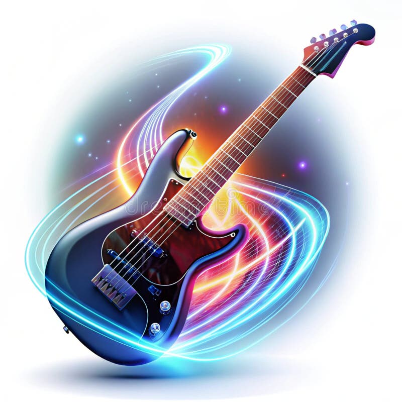 Floating Glowing Electric Guitar with Rotating Sound Waves Stock ...