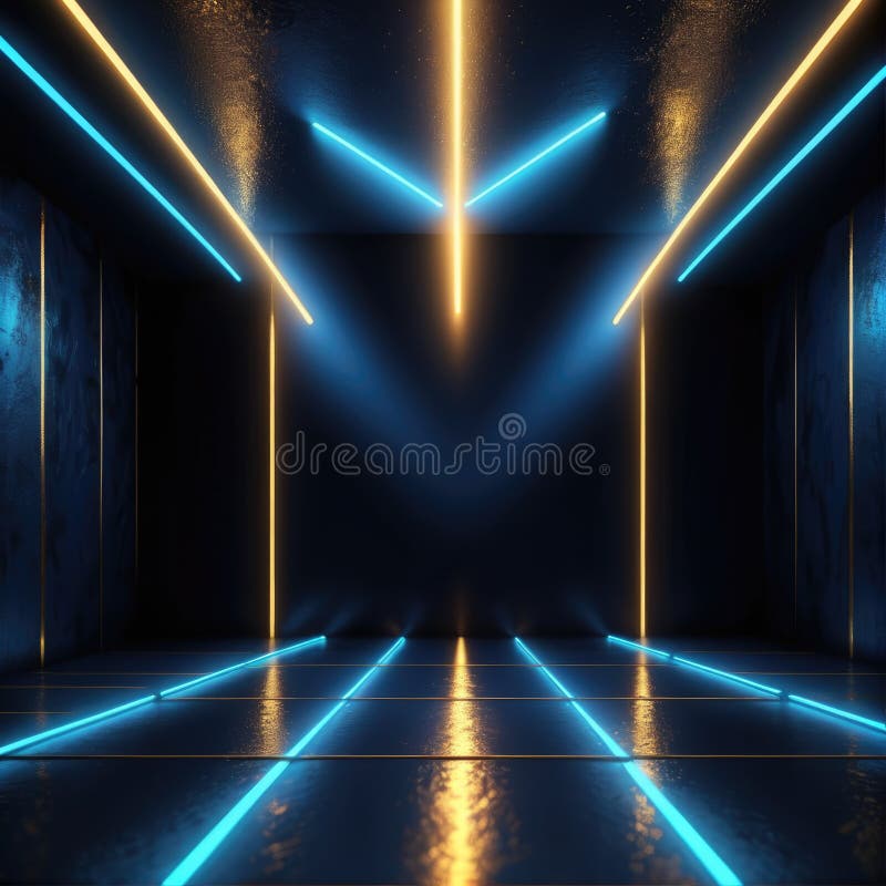 A Futuristic and Glowing Empty Room with Blue and Yellow Neon Lights in ...