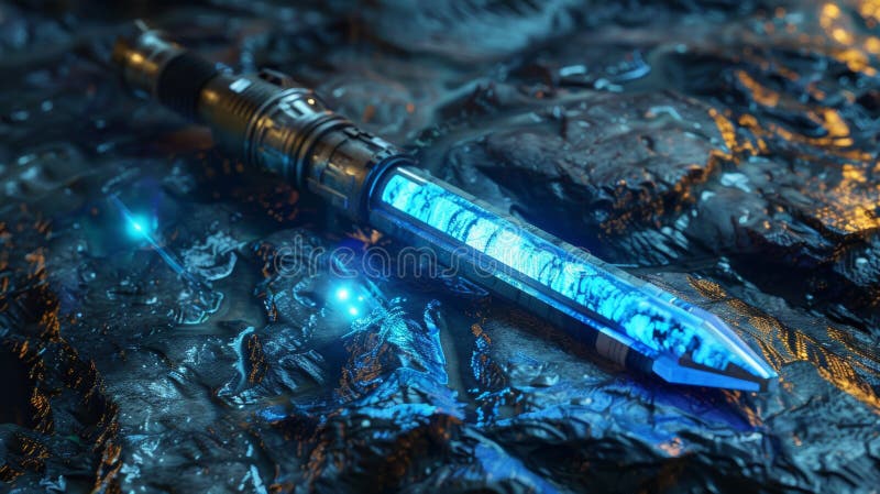 A Futuristic Glowing Energy Blade Rests Elegantly on a Richly Textured ...