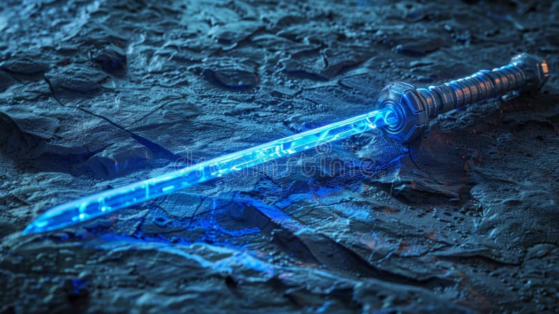 A Futuristic Glowing Energy Blade Rests Elegantly on a Richly Textured ...