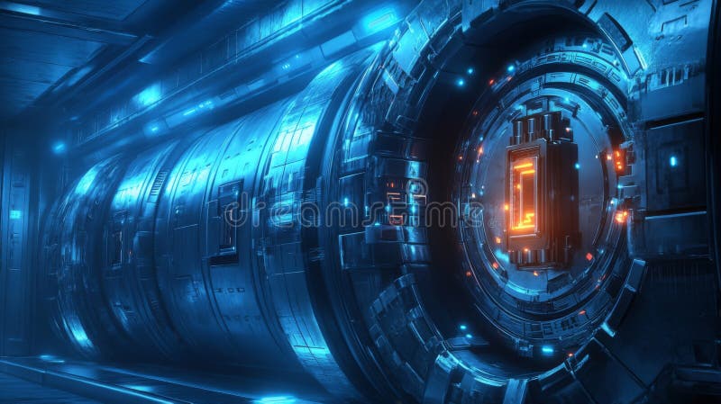 Futuristic Glowing Energy Machine in a Dark Industrial Setting Stock ...