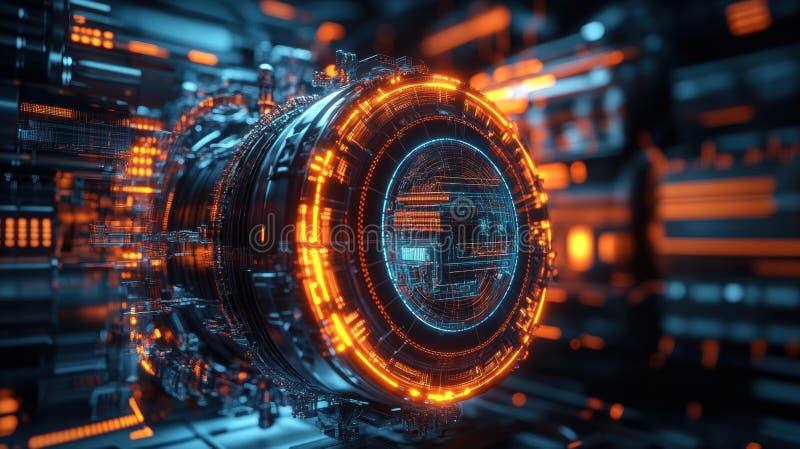 Futuristic Glowing Engine with Orange and Blue Lights Stock ...