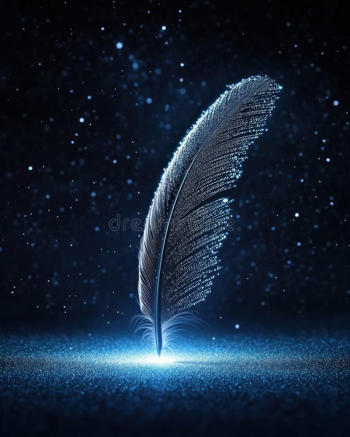 Futuristic Glowing Feather Writing on Digital Surface Stock ...
