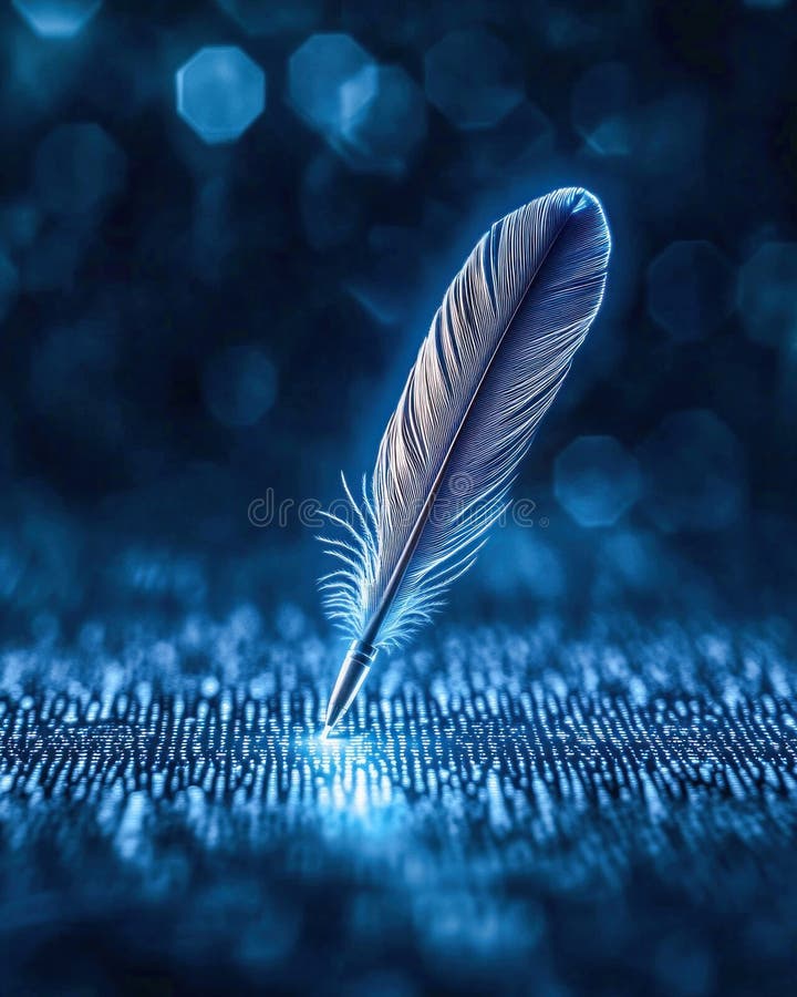 Futuristic Glowing Feather Writing on Digital Surface Stock ...