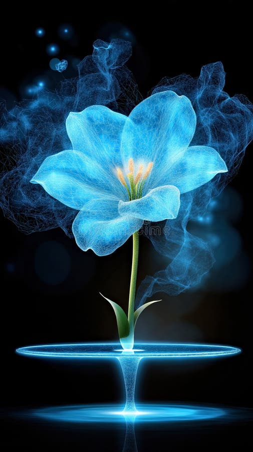 Futuristic Glowing Flower Hologram with Blue Petals and Digital Smoke ...