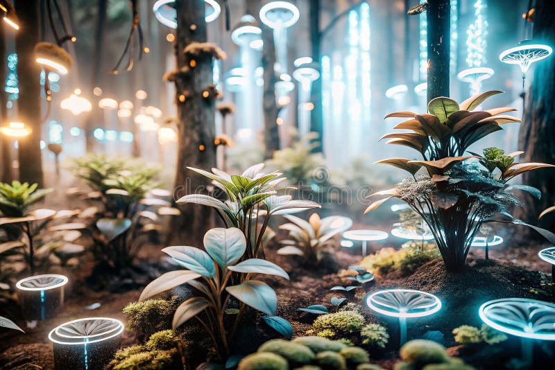 Futuristic Glowing Forest Plants Stock Illustration - Illustration of ...