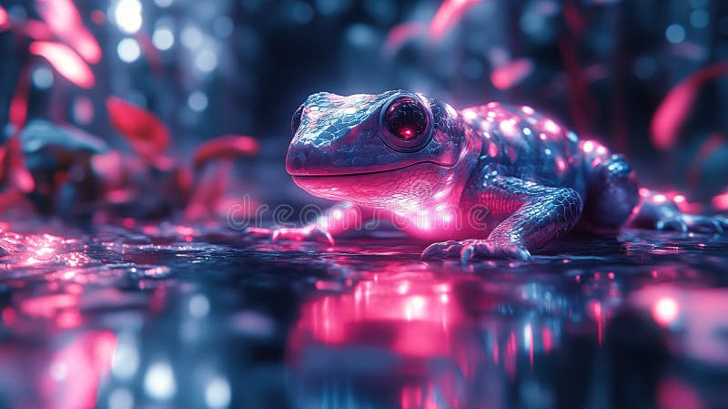 Futuristic Glowing Frog in Vibrant Pink and Blue Neon Light, Sitting on ...