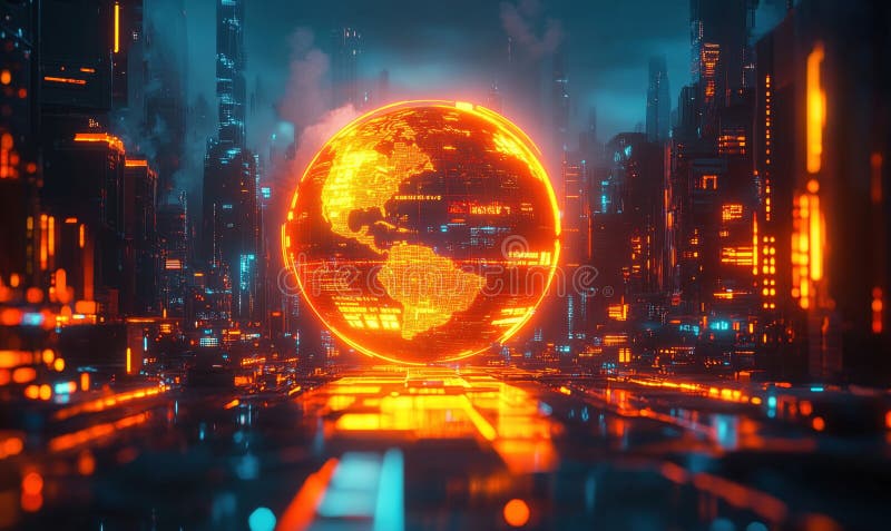 Futuristic Glowing Globe Representing Earth in a High-tech Cityscape ...