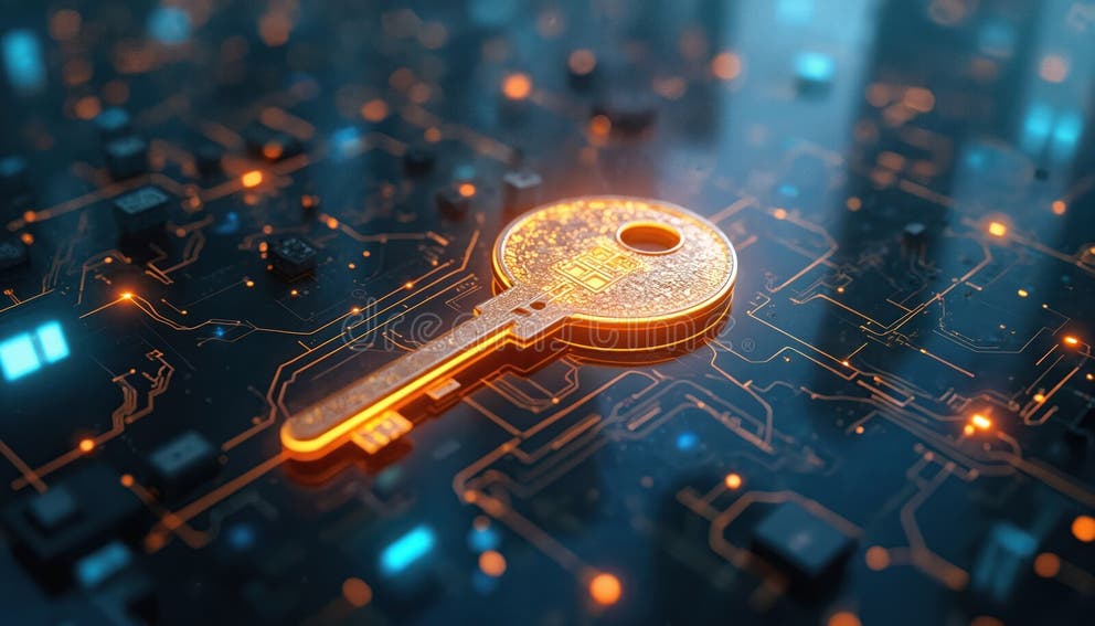Futuristic Glowing Golden Digital Key Unlocking Future. High Tech ...