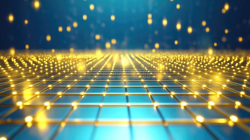 Futuristic Glowing Grid with Abstract Golden Particles on Blue ...