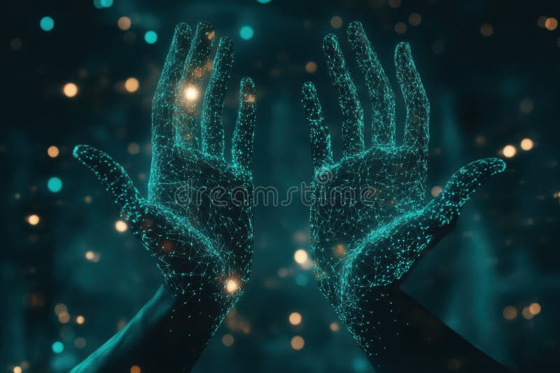 Futuristic Glowing Hands Created from Connected Dots and Lines Reaching ...