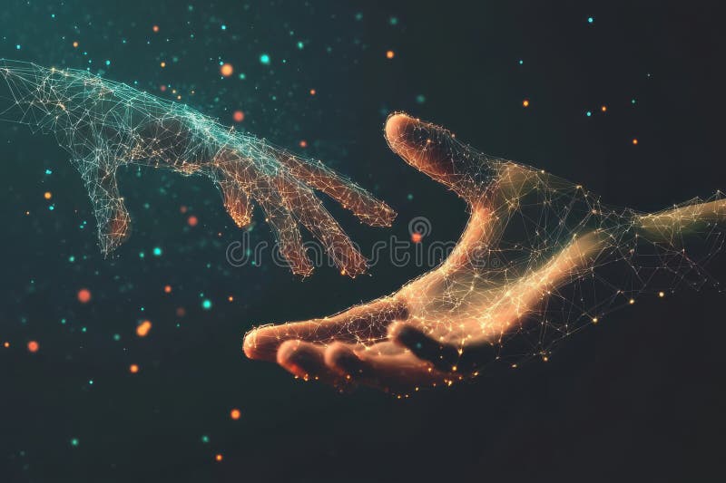 Futuristic Glowing Hands Created from Connected Dots and Lines Reaching ...