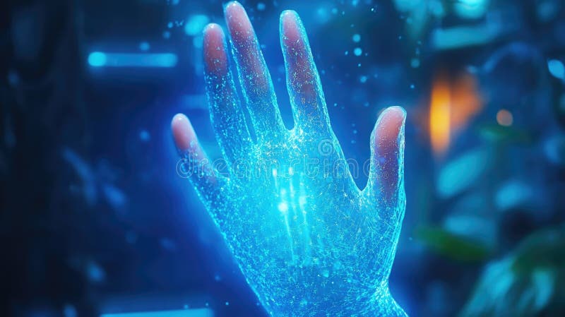 Futuristic Glowing Holographic Hand with Digital Particles Stock Image ...