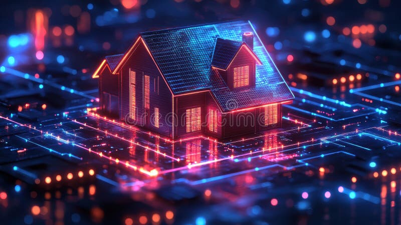 Futuristic Glowing House Model Surrounded by Digital Grids, Symbolizing ...