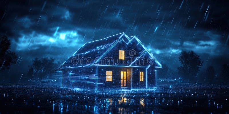 Futuristic Glowing House in Rain with Digital Wireframe Design and ...