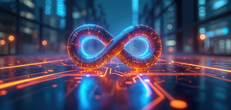 Futuristic Glowing Infinity Symbol Over Circuit Board. Represents ...