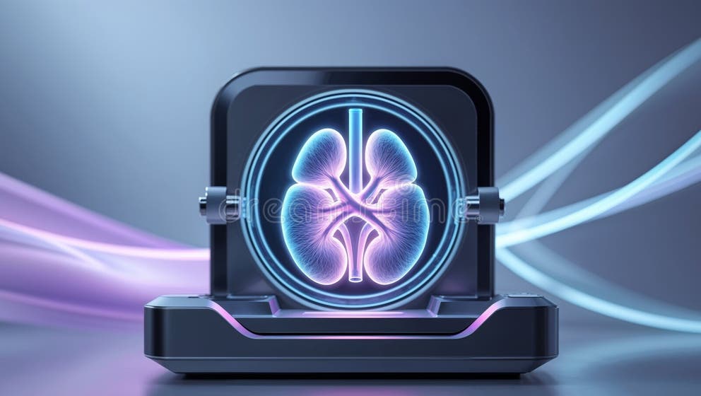 Futuristic Glowing Kidney Displayed in a Diagnostic Device with an ...