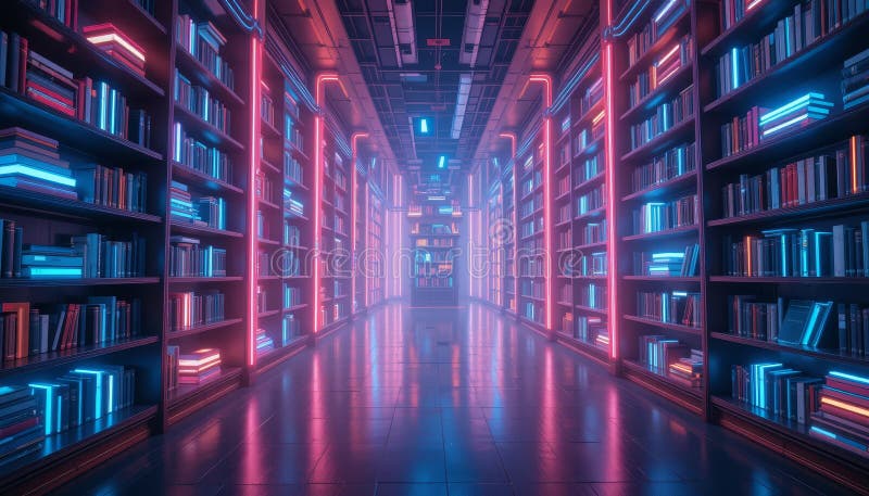 Futuristic Glowing Library with Neon Lights and Endless Bookshelves ...