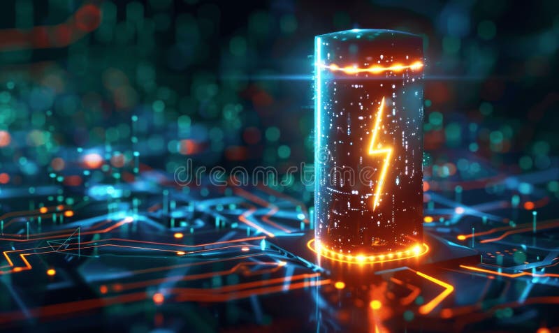 Futuristic Glowing Lithium-Ion Battery with Lightning Icon on Digital ...