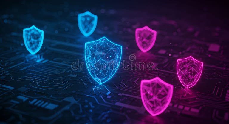 Futuristic Glowing Low Polygonal Security Guard Shields on Circuit ...