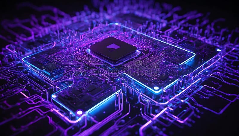 Futuristic Glowing Microchip with Neon Purple and Blue Circuitry Stock ...