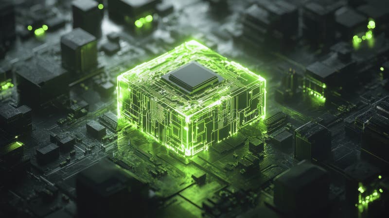 Futuristic Glowing Microchip Surrounded by Circuits and Technology ...