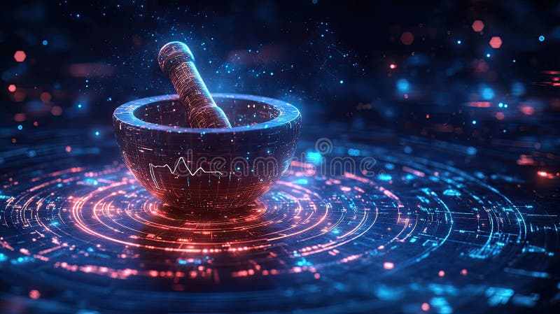 A Futuristic, Glowing Mortar and Pestle on a Digital Background with a ...