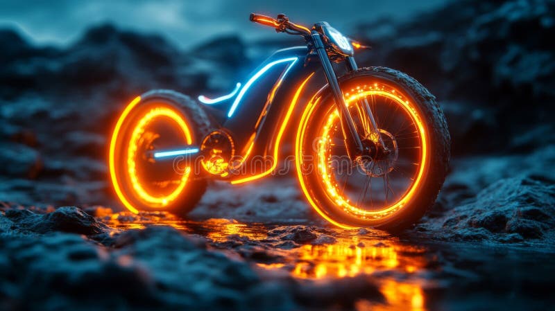 Futuristic Glowing Motorcycle on Dark Terrain Stock Illustration ...