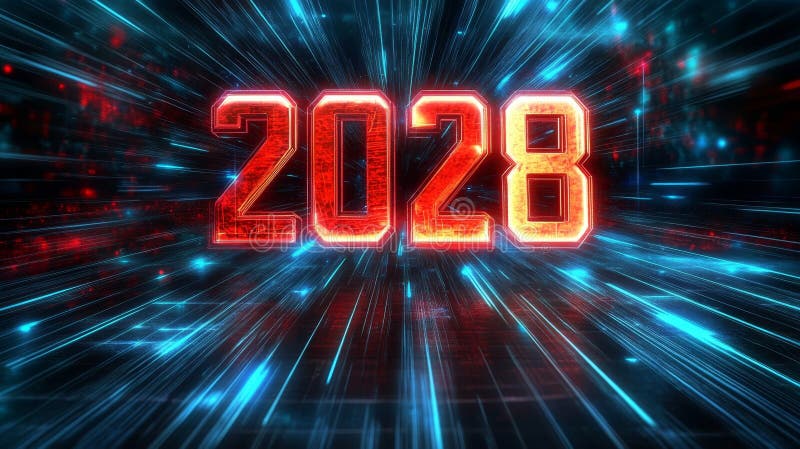 Futuristic Glowing Neon Number 2028 Against an Abstract Tech Background ...