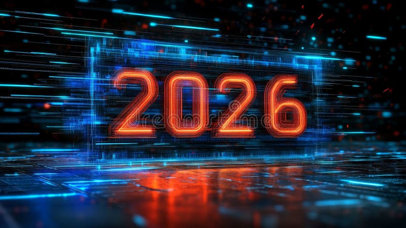 Futuristic Glowing Neon Number 2026 on a Digital Abstract Technology ...