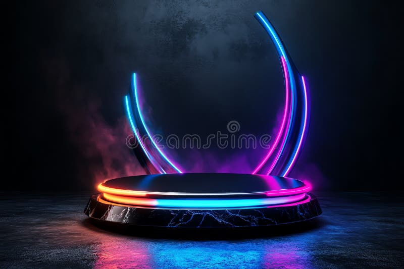 Futuristic Glowing Neon Stage with Vibrant Lights in a Dark Background ...