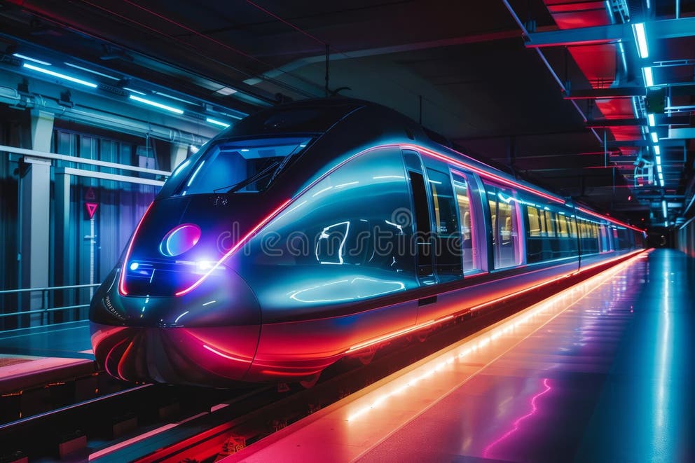 Futuristic Glowing Neon Train on Glossy Reflective Surface Stock Photo ...